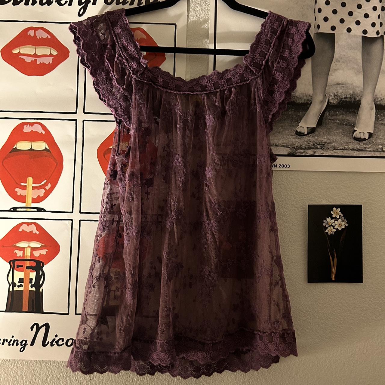 sheer purple floral lace top perfect for layering... - Depop
