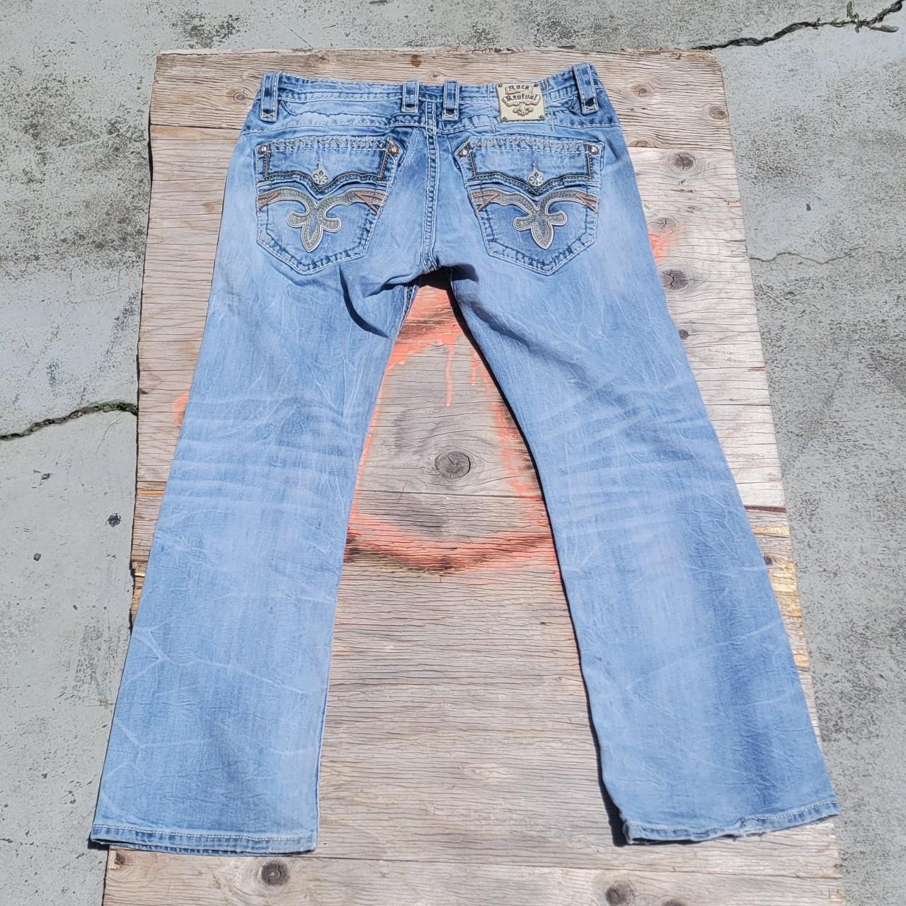 y2k Rock Revival Bootcut Jeans size 36, light blue... - Depop