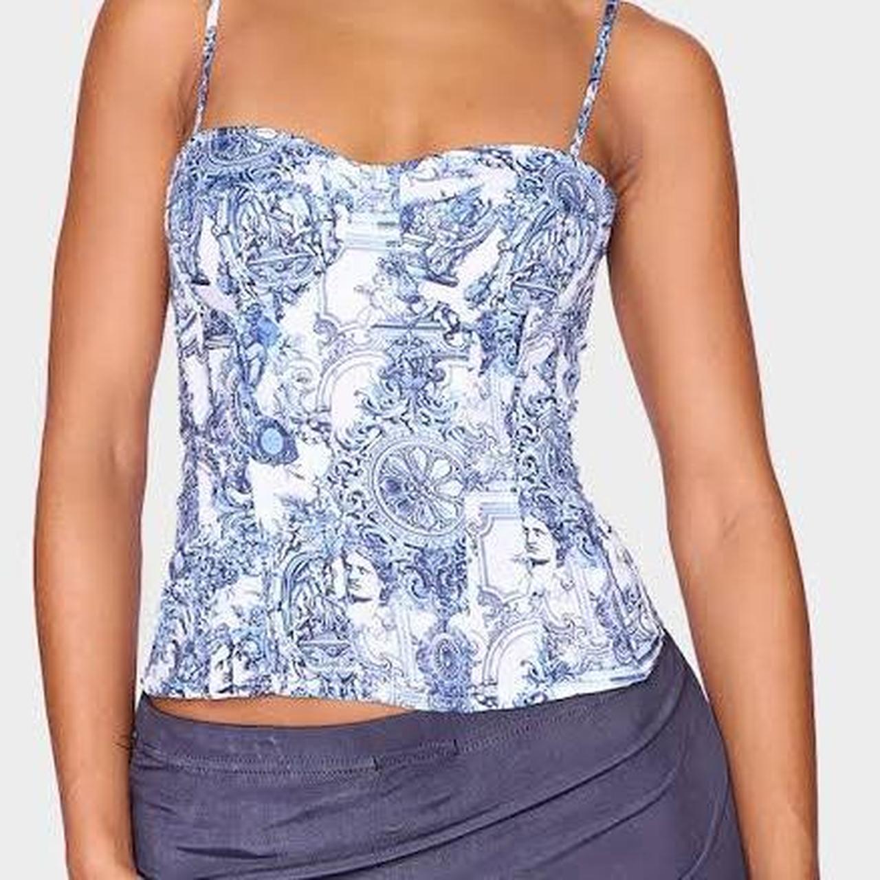 Blue Renaissance Print Structured Corset Top Size:... - Depop