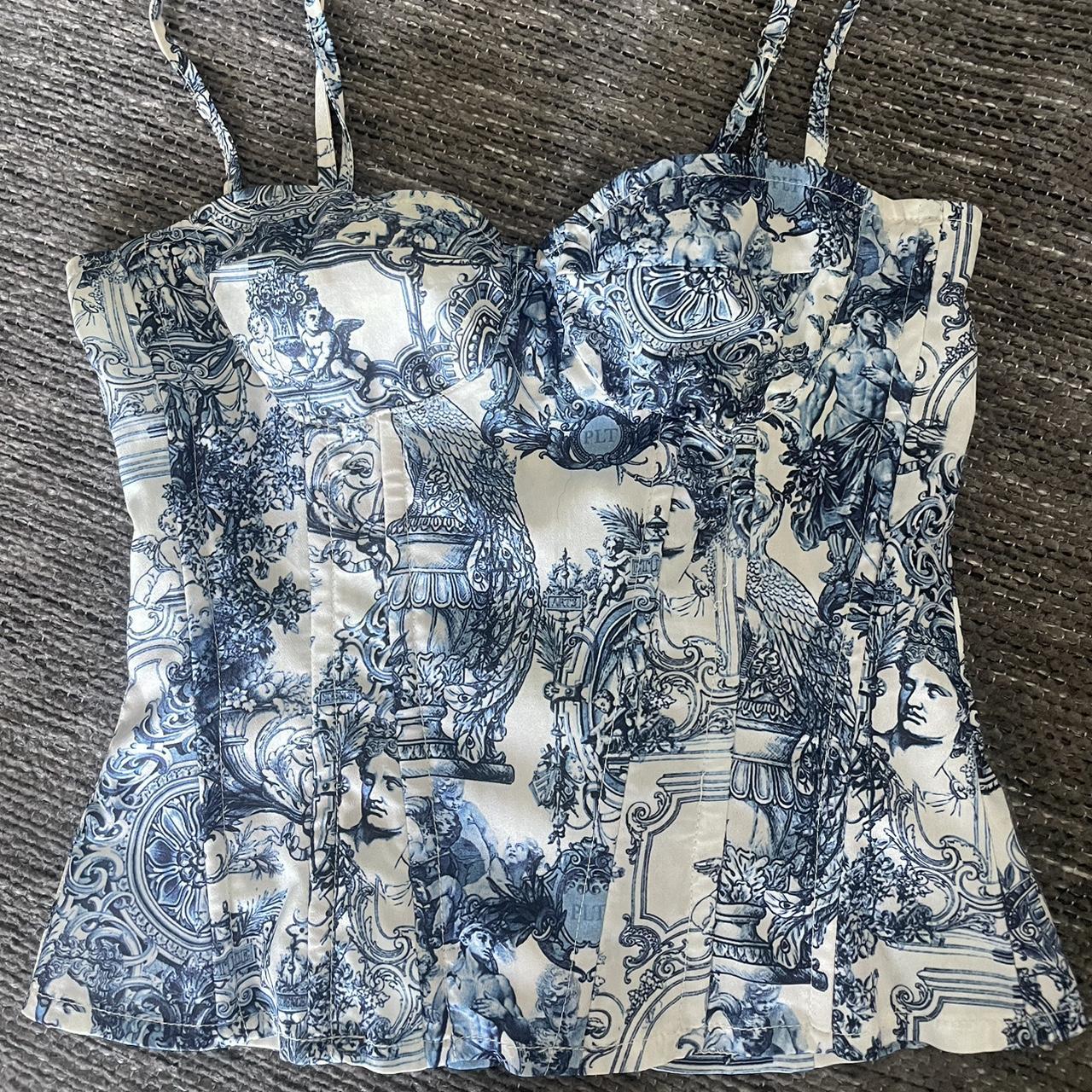 Blue Renaissance Print Structured Corset Top Size:... - Depop