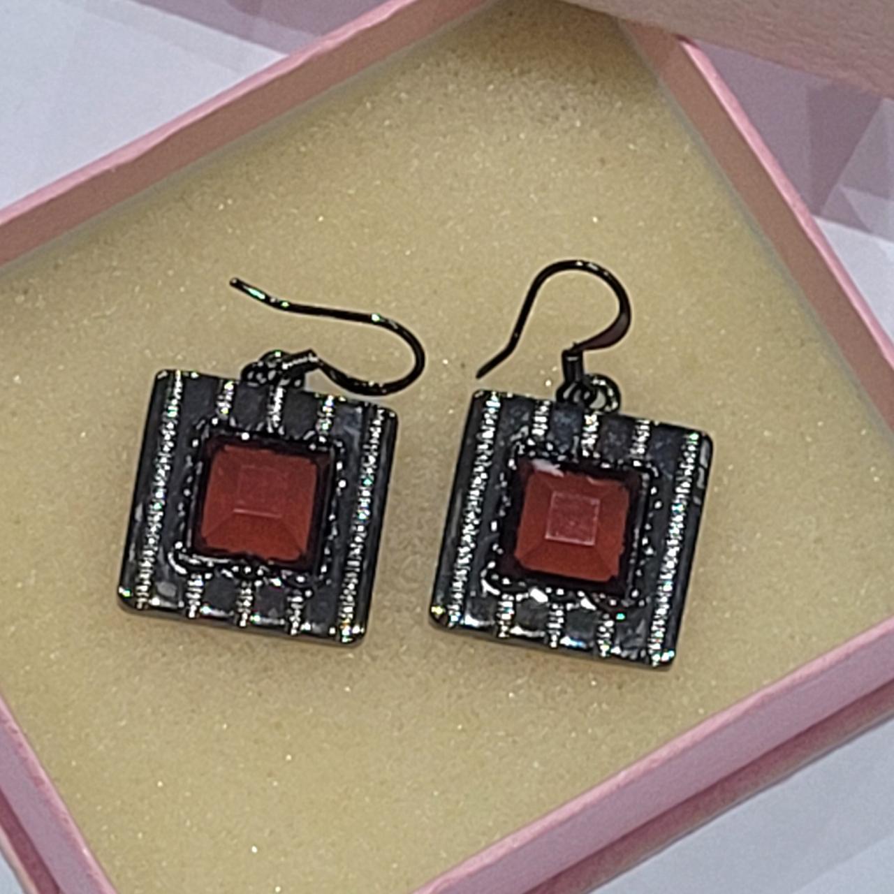 Stunning square retro earrings with brown stone -... - Depop