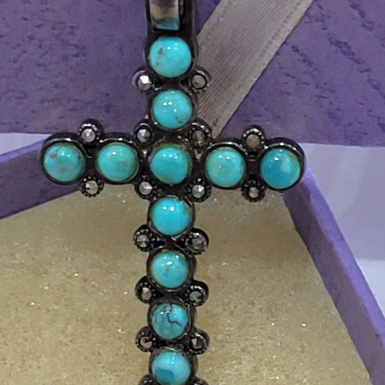 Stunning turquoise & silver 925 cross pendant -... - Depop