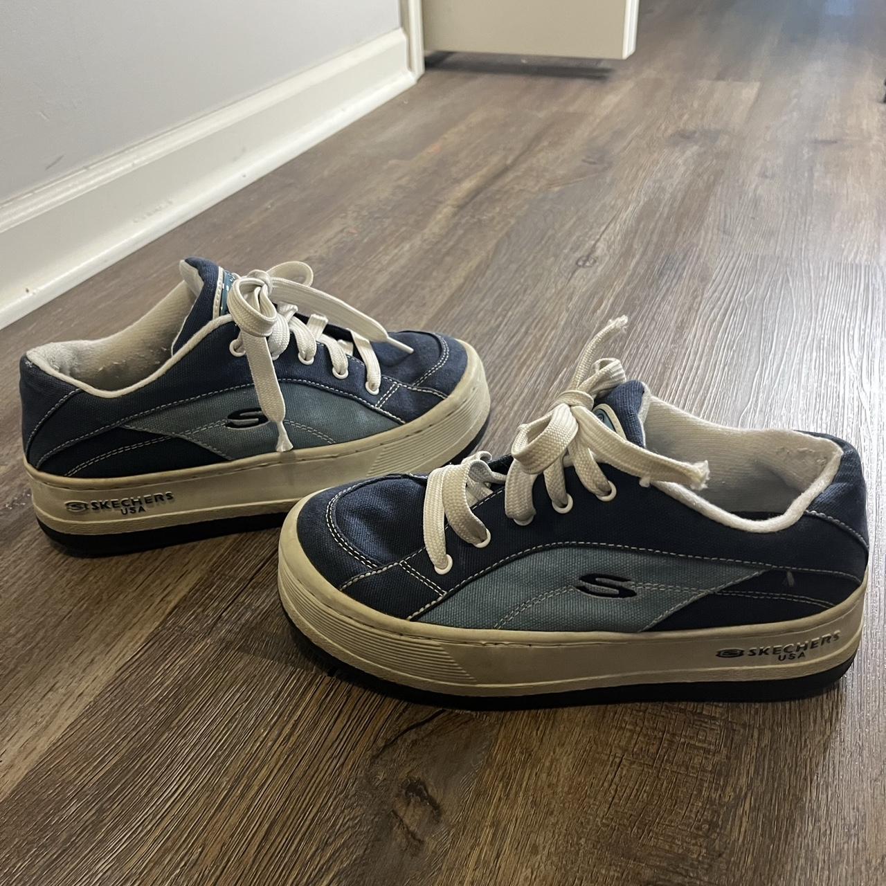 woman vintage Skechers, blue and navy platform... - Depop