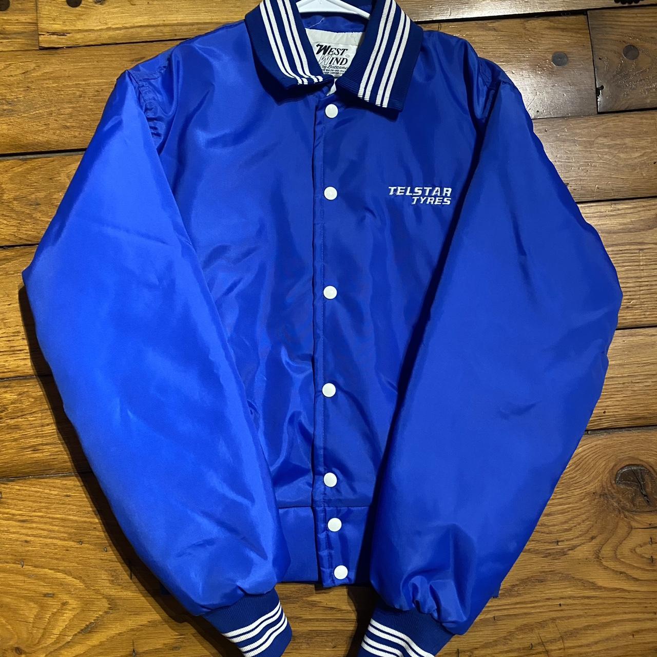 Rare blue and white Telstar Tyres varsity jacket.... | Depop