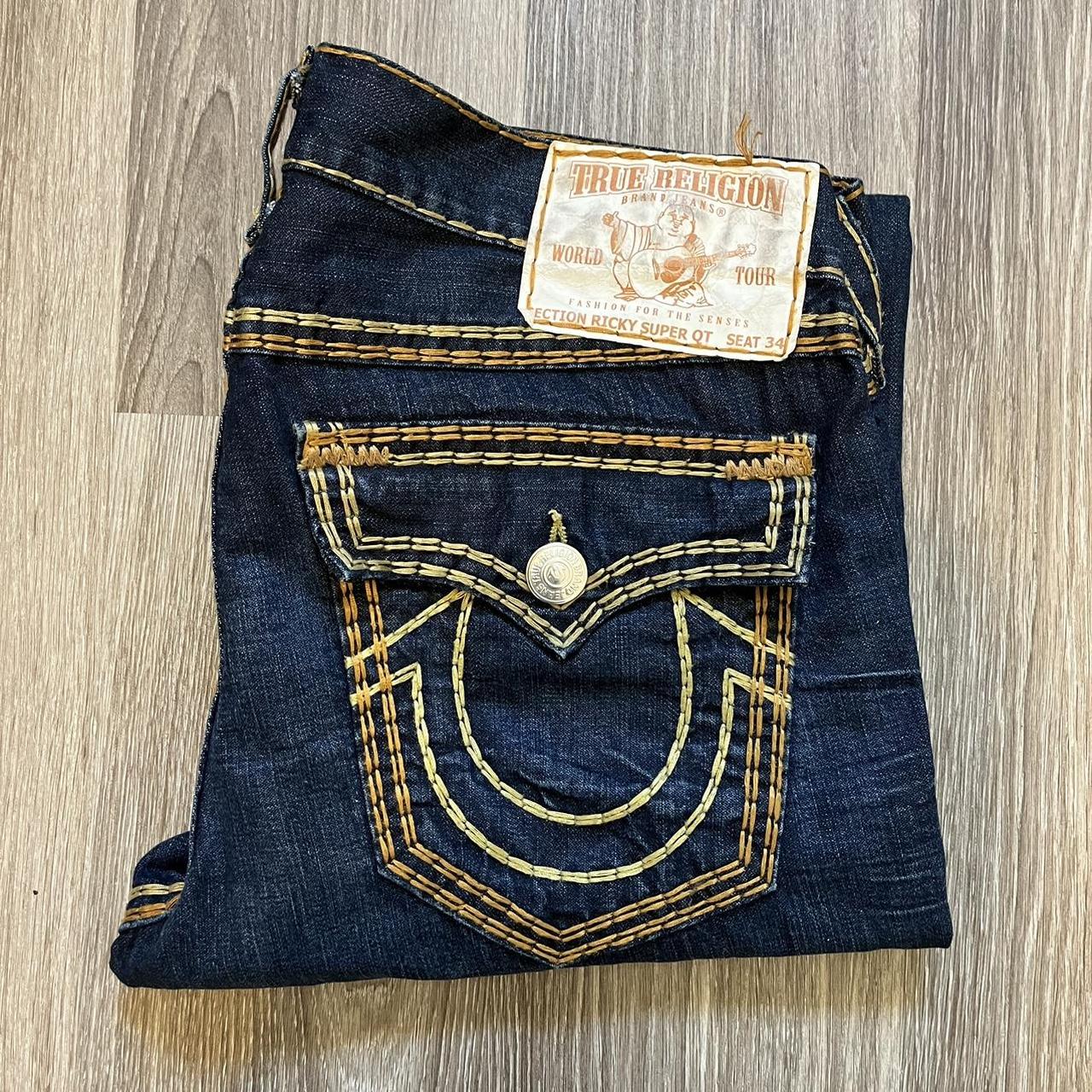 True Religion Men's Gold and Navy Jeans | Depop