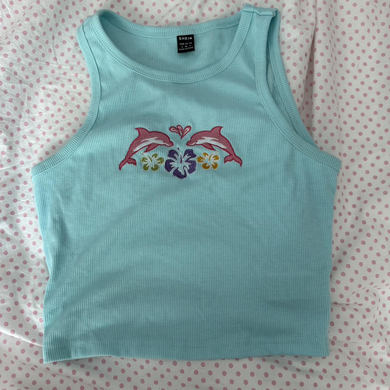 Blue and pink dolphin crop top #summer #beach... | Depop