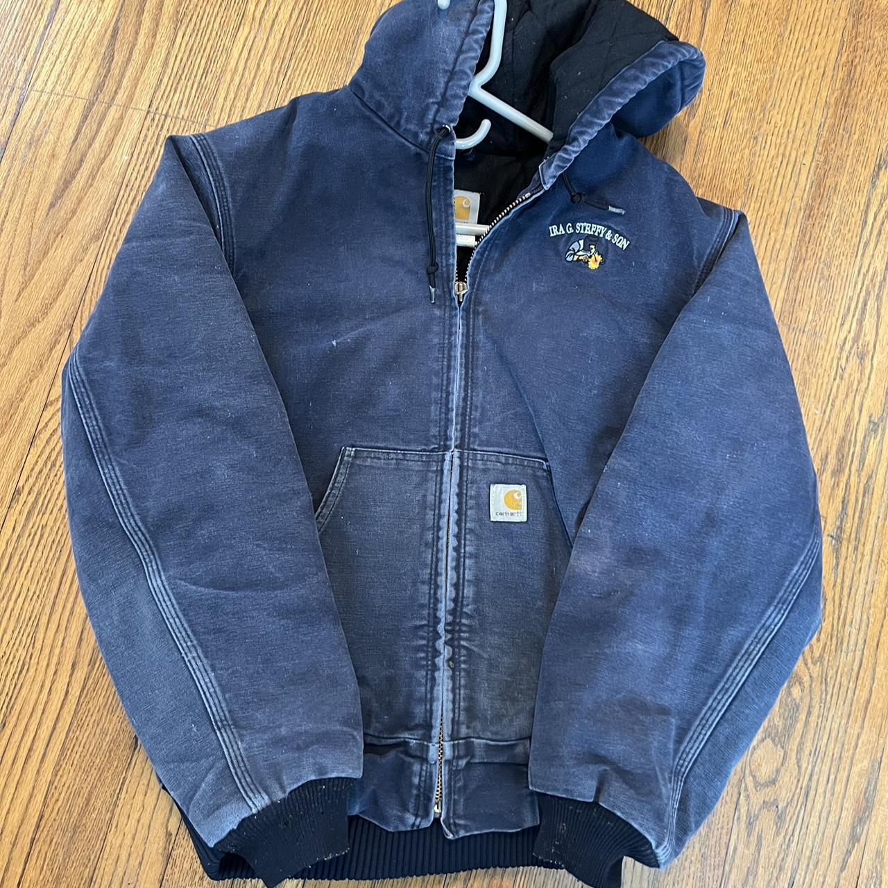 Blue hooded carhartt jacket. Super dope fading on... - Depop
