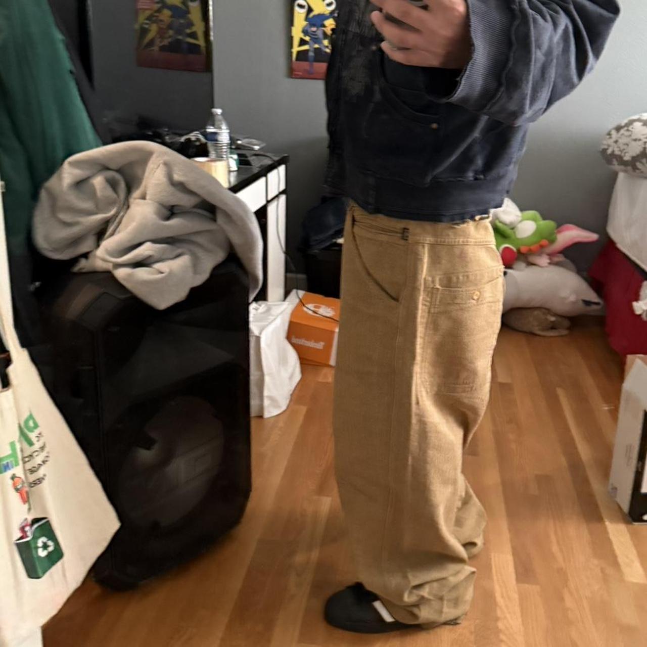 Vintage baggy yellow jeans, has a tiny hole backside... - Depop