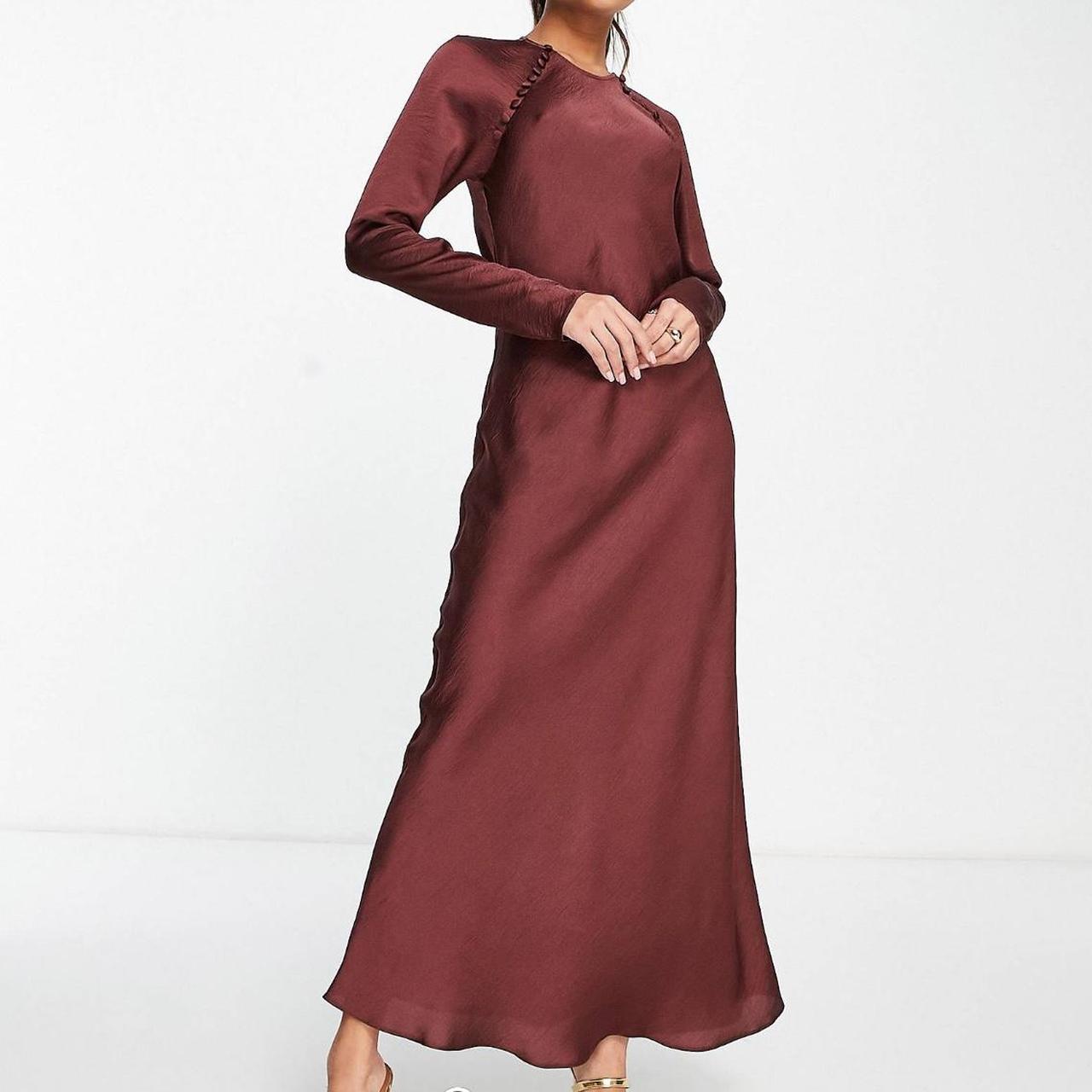 asos brown / oxblood satin bias maxi dress. size 12,... - Depop