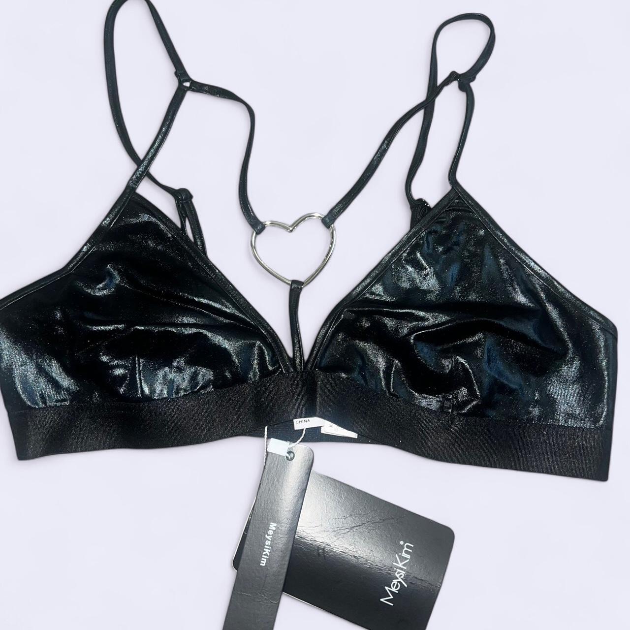 Black faux leather heart bra top #goth... | Depop