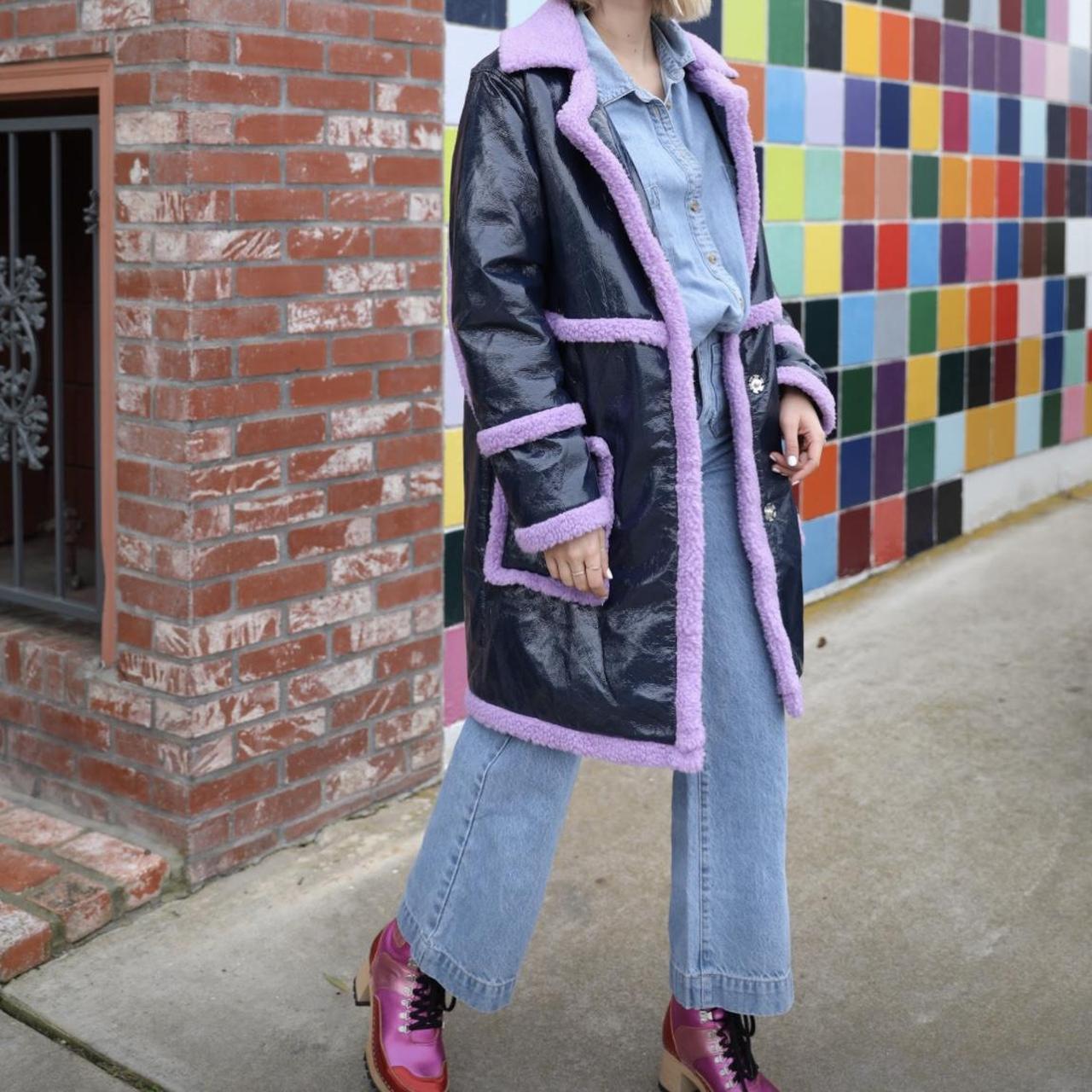 Retro style purple vinyl longline coat with borg... - Depop
