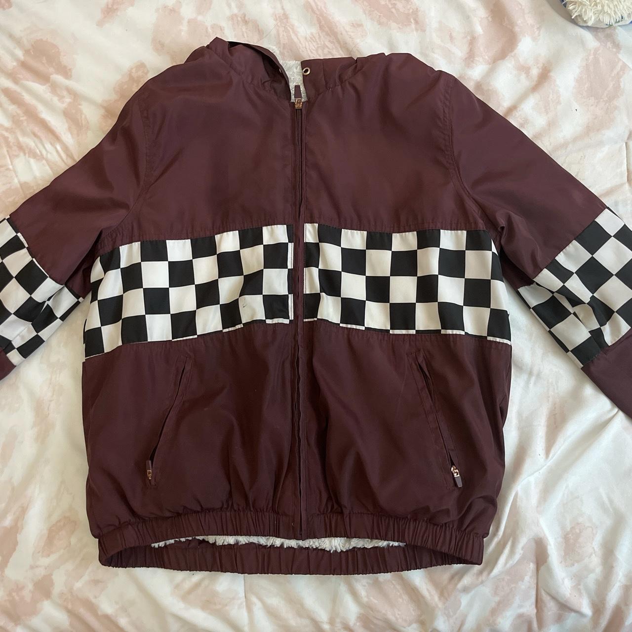 plum/maroon windbreaker with racing print, size... - Depop