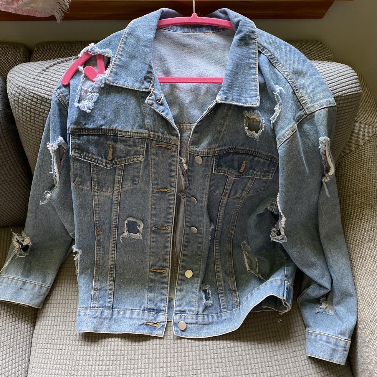 Ripped Jean jacket, fits like a L-Xl. Hamsa sequin... - Depop