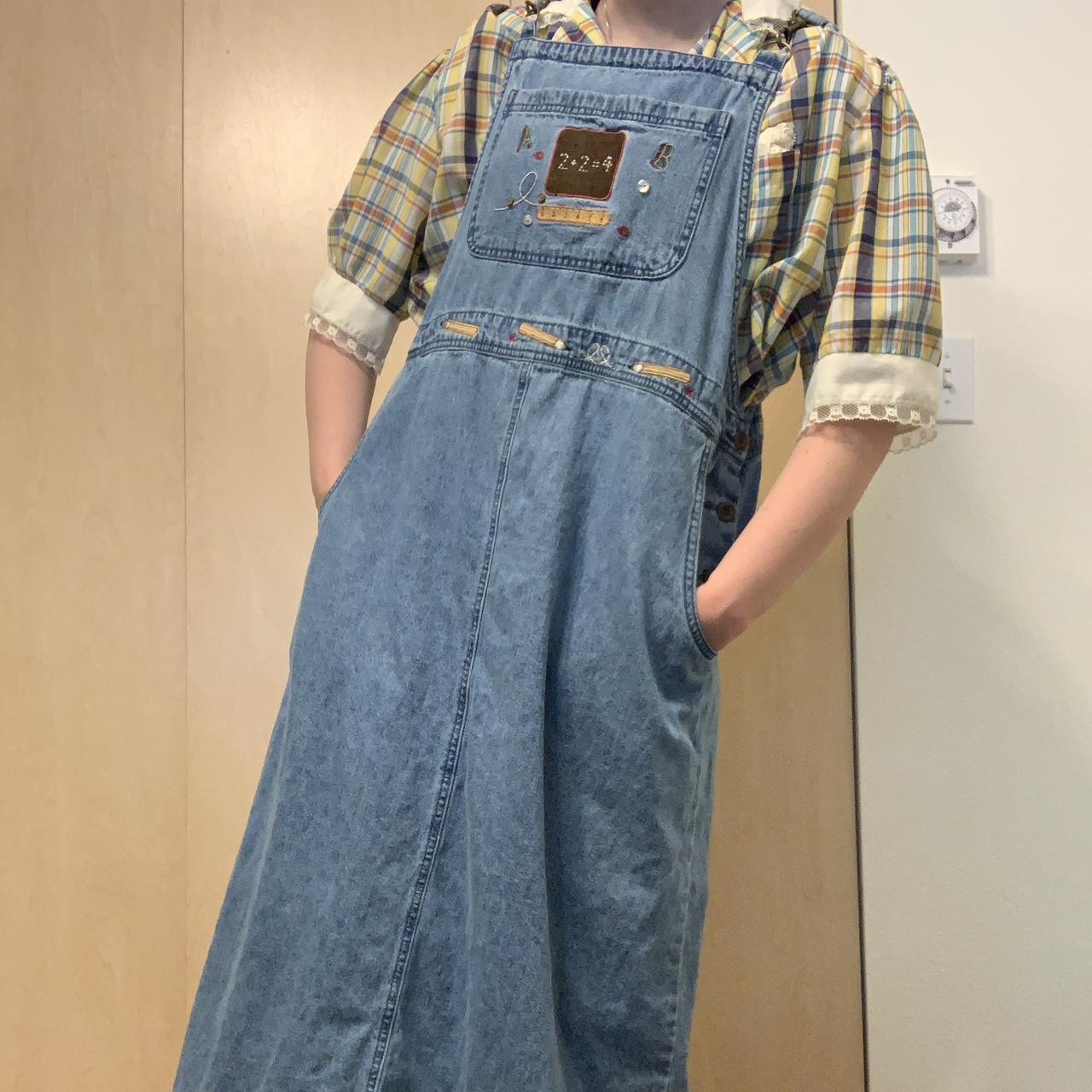Vintage teacher themed embroidered overall denim... - Depop