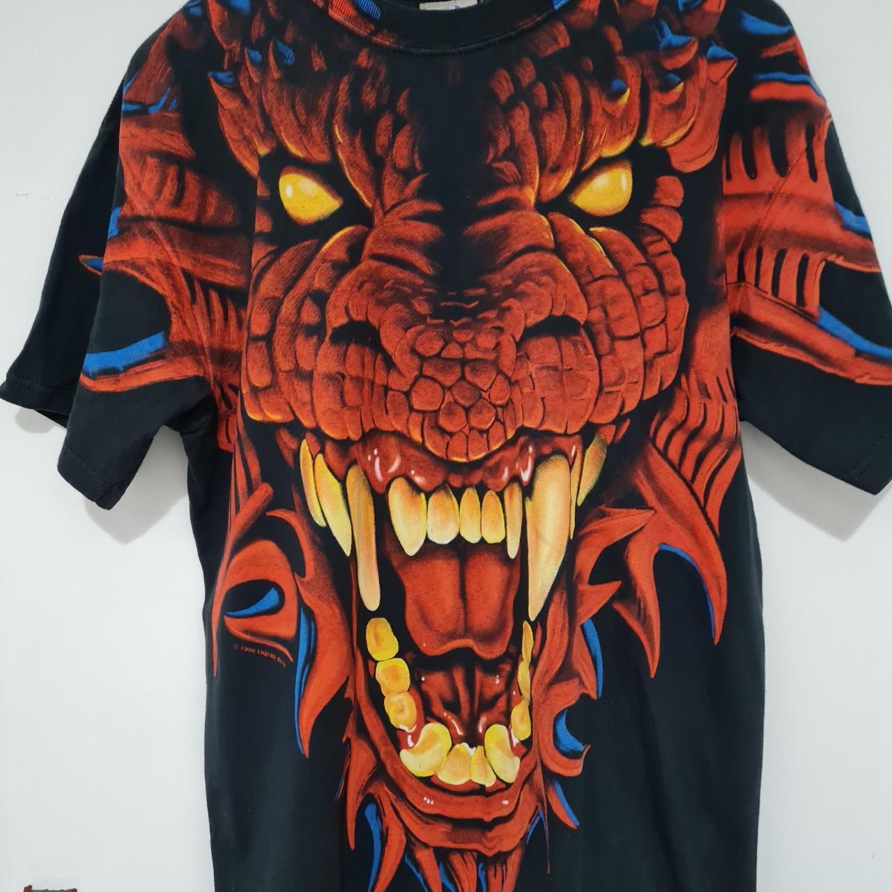 Vintage 90s liquid blue dragon double sided print... - Depop