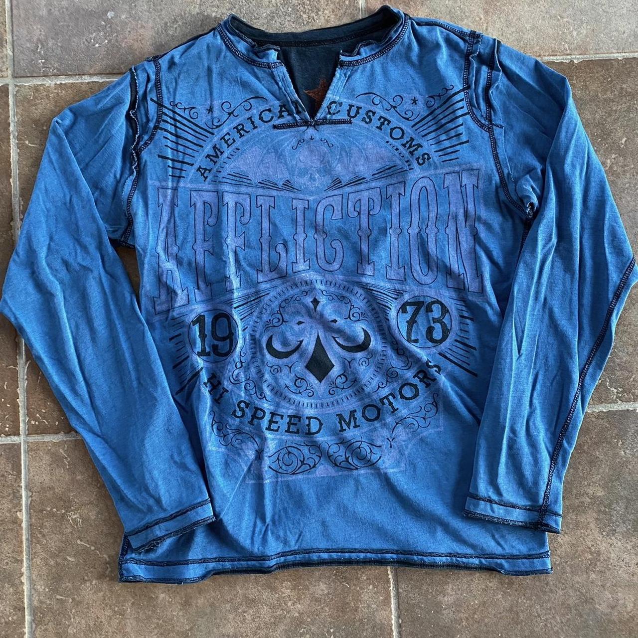 women's modern double-sided blue affliction long... - Depop