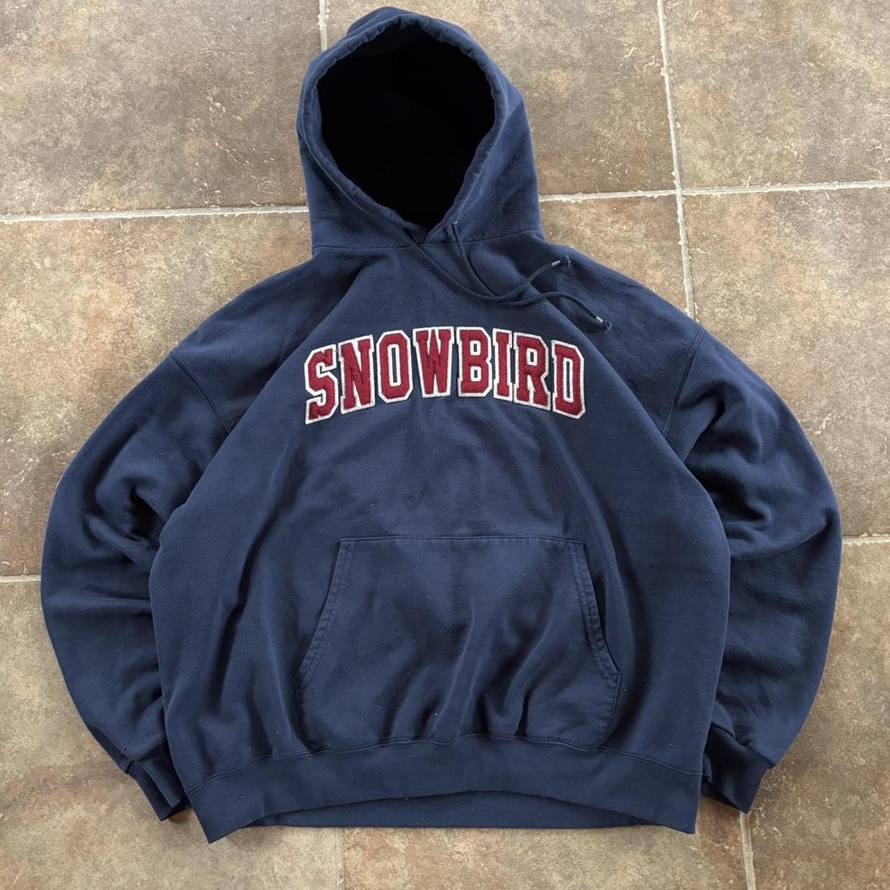 champion navy blue “snowbird” embroidered spell out... | Depop