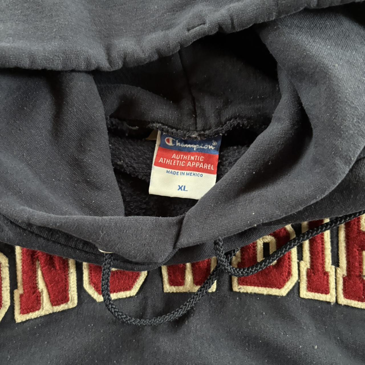 champion navy blue “snowbird” embroidered spell out... | Depop