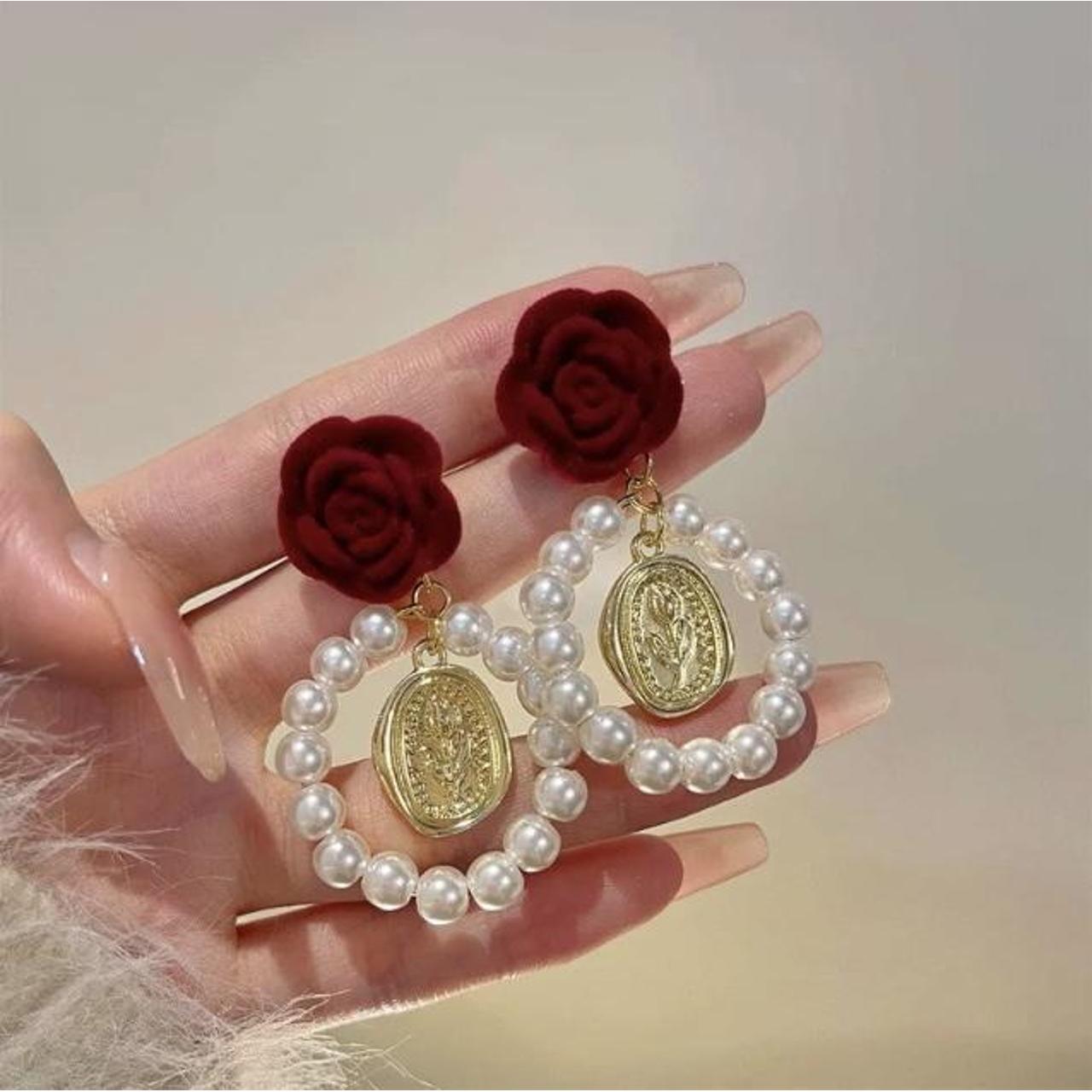 Golden red floral Flower Drop Imitation Pearl Flower... - Depop