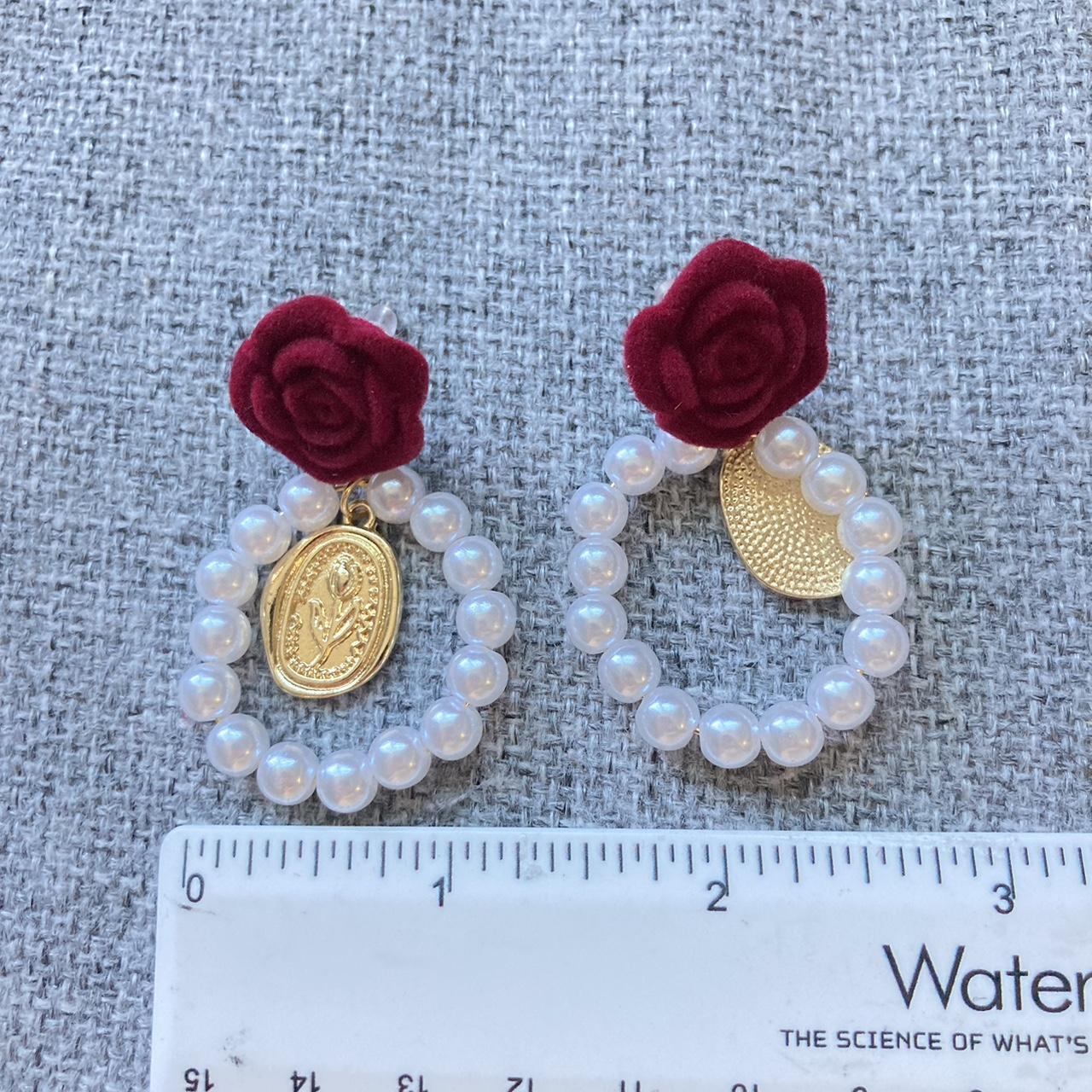 Golden red floral Flower Drop Imitation Pearl Flower... - Depop