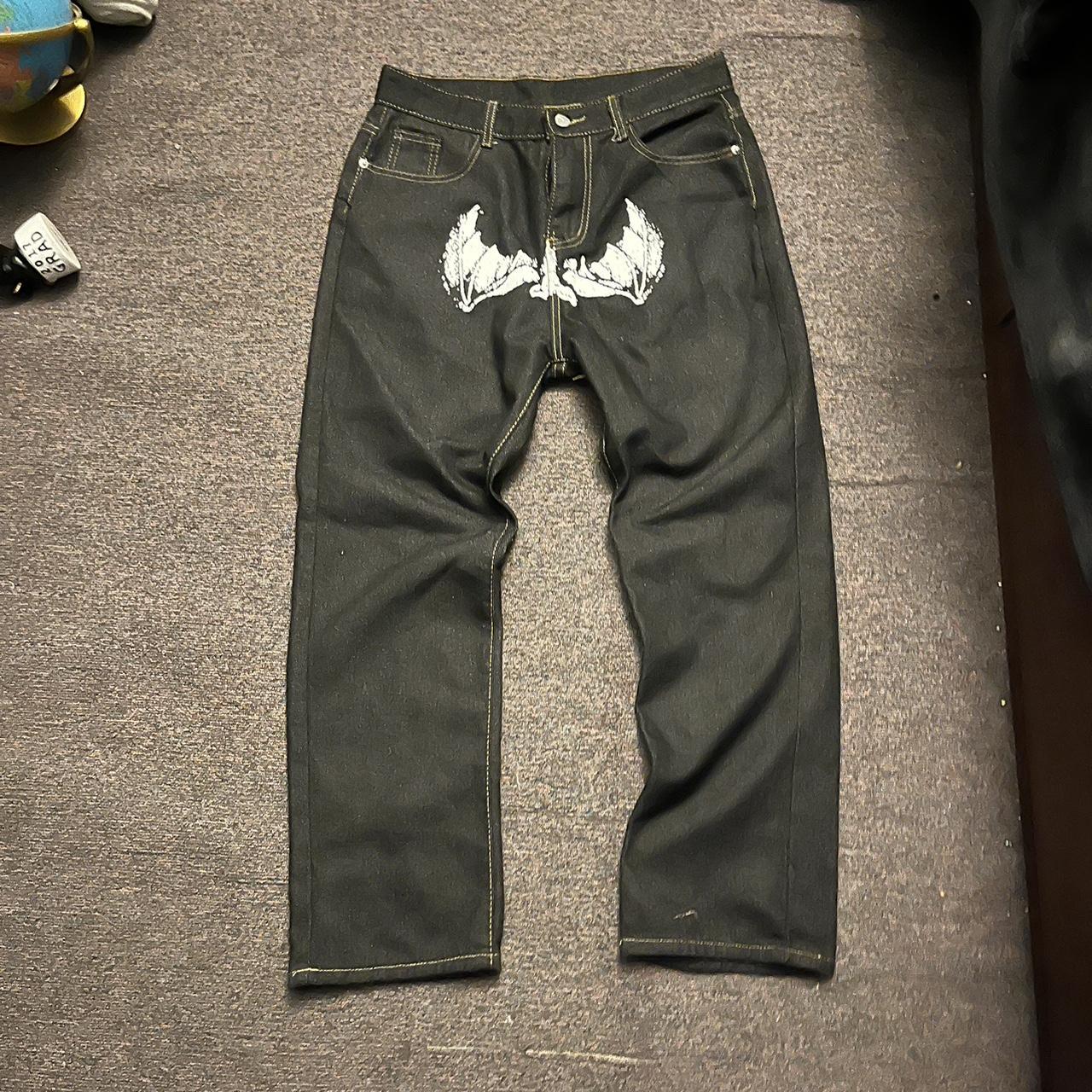 Y2k pants, front print and back print black denim... - Depop
