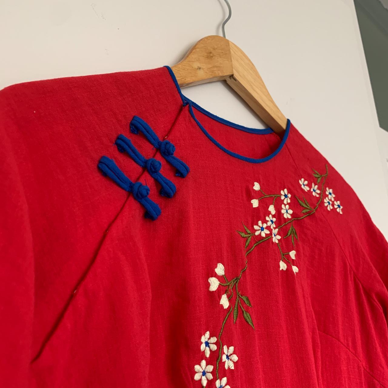 Tailored linen red hand embroidered flower ao dai... - Depop