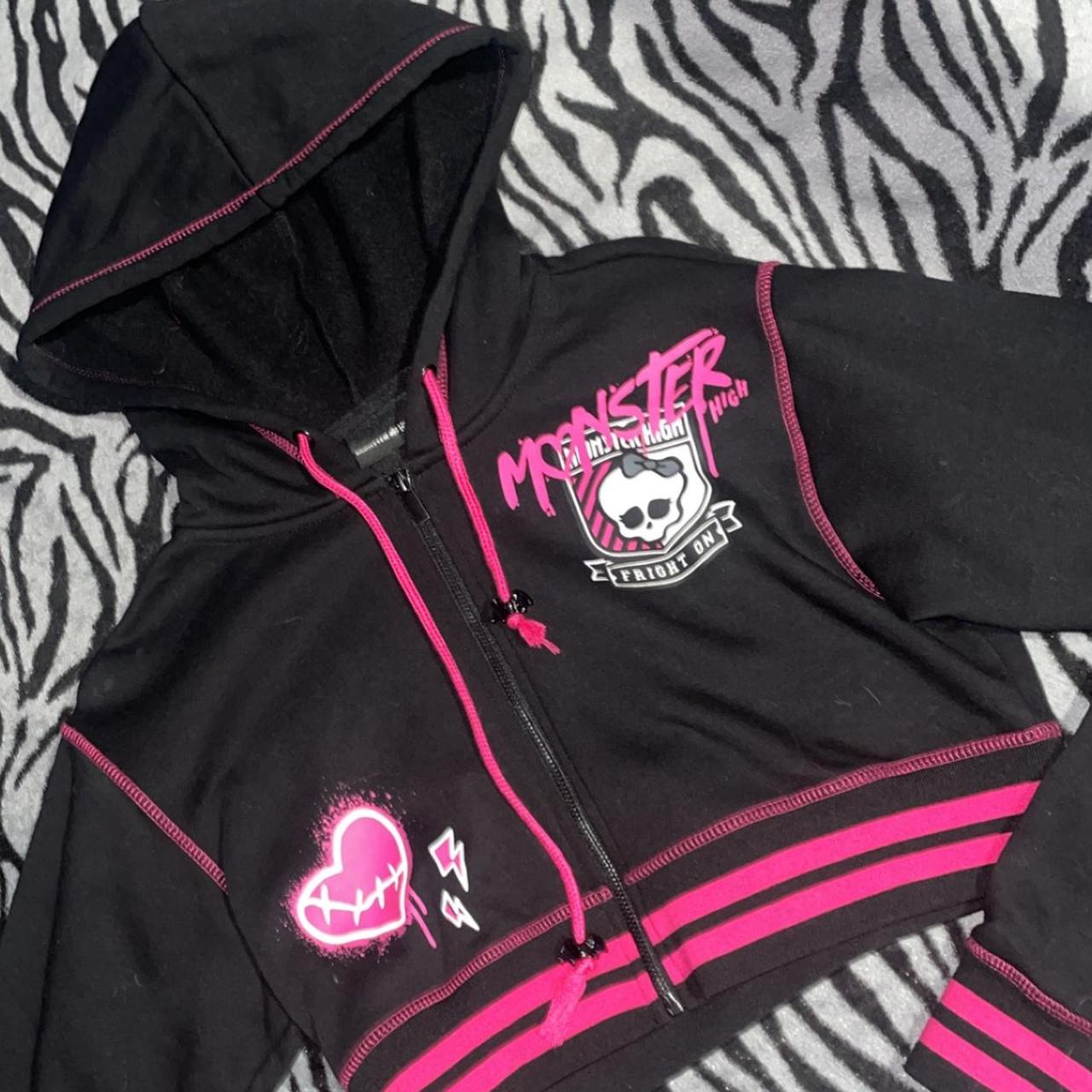 black & pink monster high cropped zip-up hoodie ^_^... - Depop