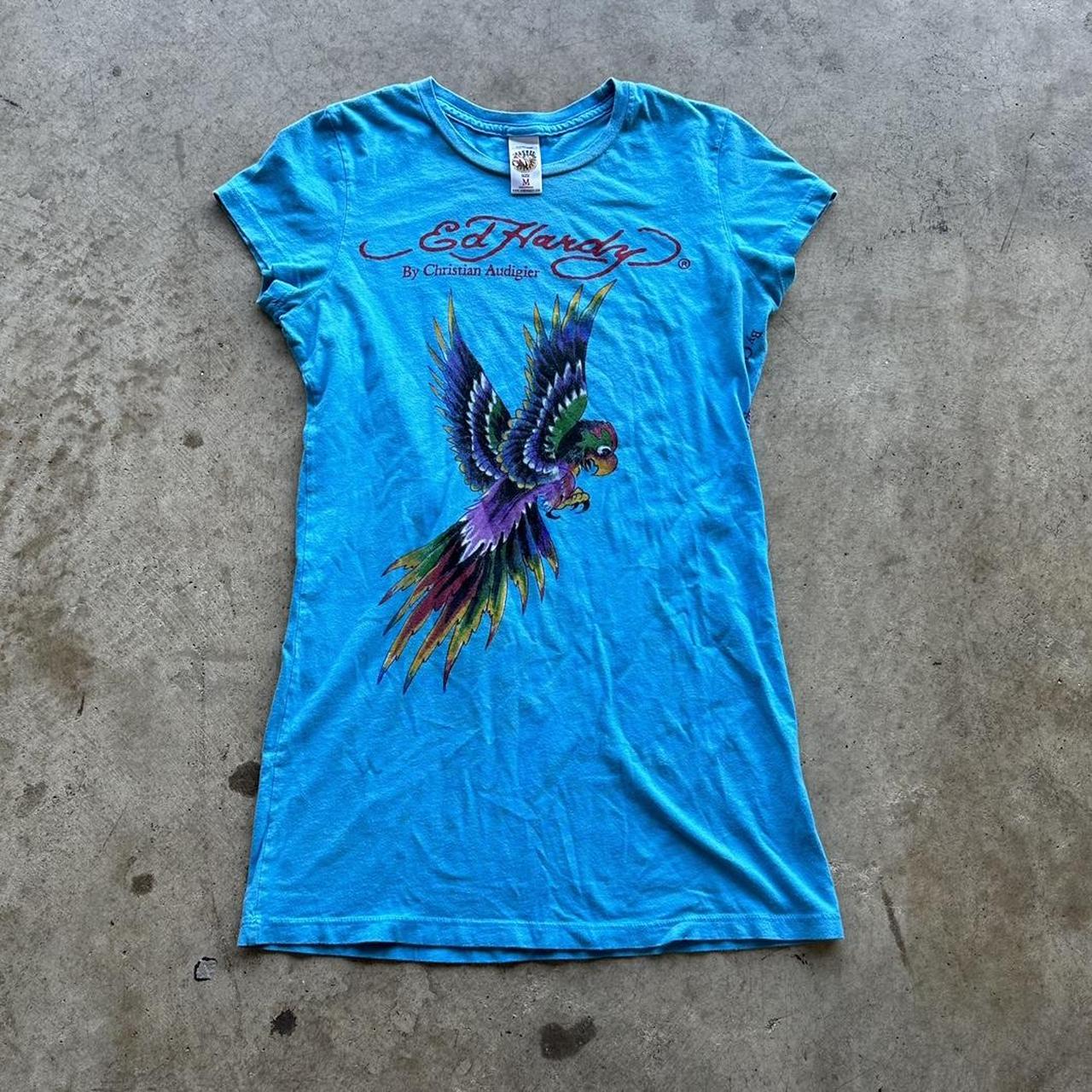 woman’s blue ed hardy tee 🦜🦜🦜 size women med/great... - Depop