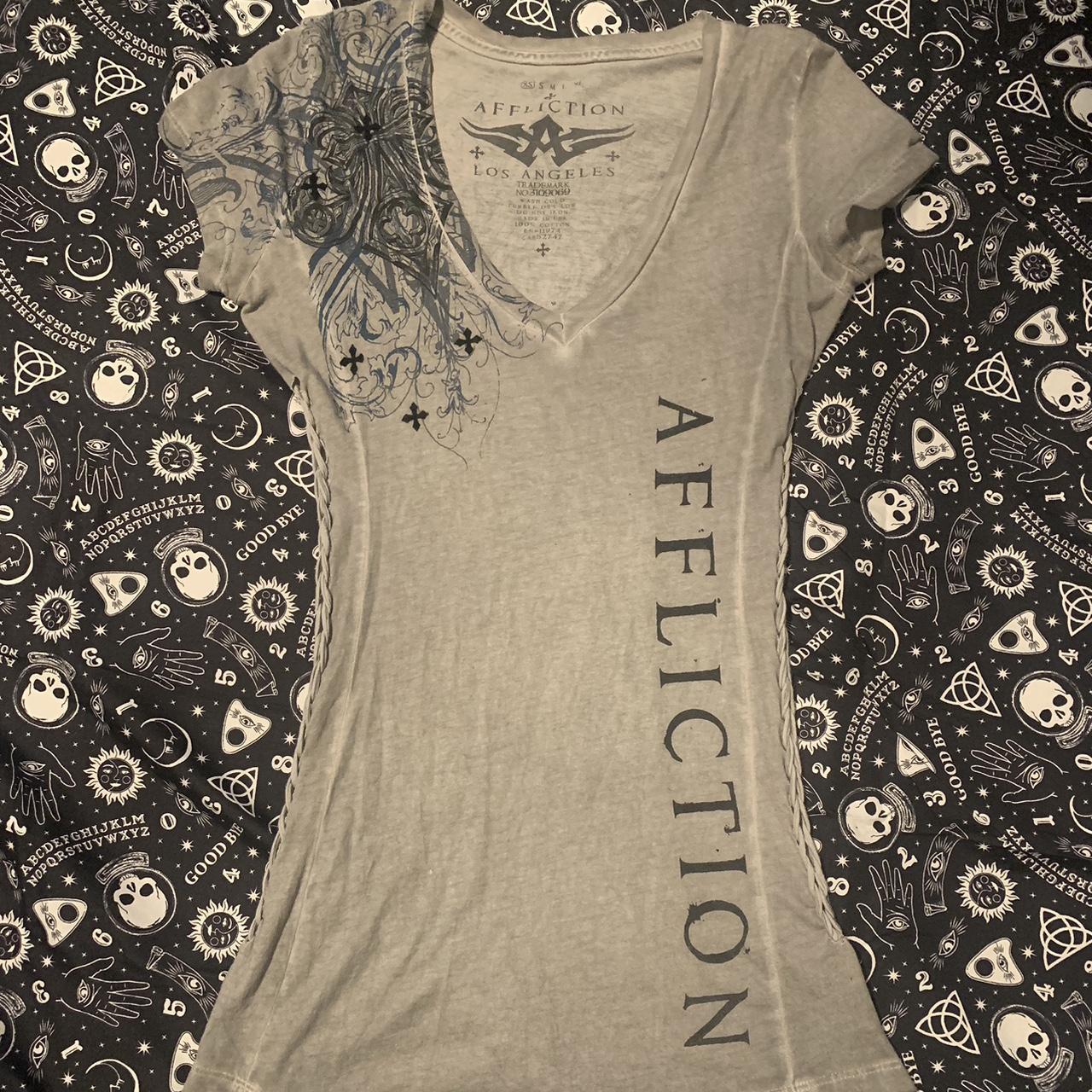 Women’s affliction top #y2k #emo #cross... - Depop