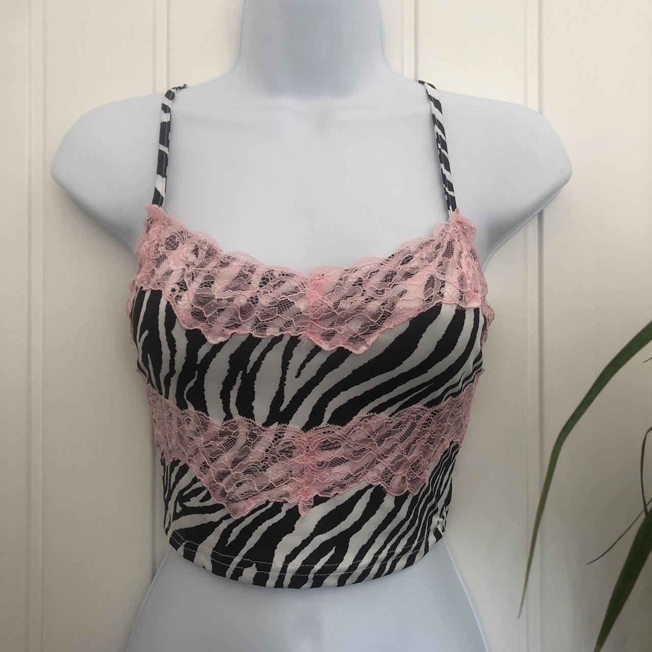 Y2K black and white zebra print cami top with pink... | Depop