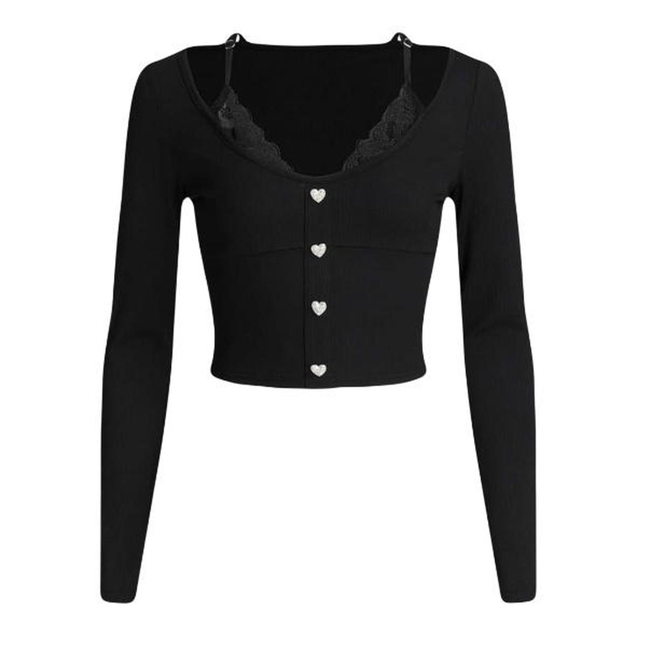 Black heart button-up long sleeve crop top #croptop... | Depop