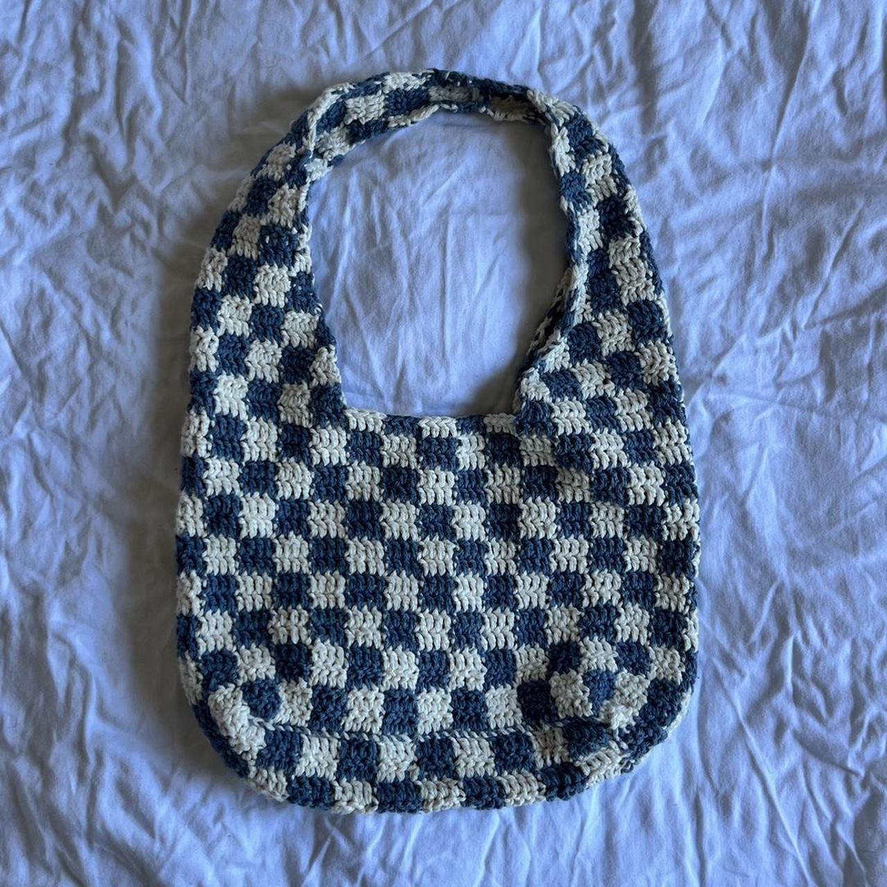 HAND CROCHETED MINI CHECKER BAG 100% cotton blue... - Depop