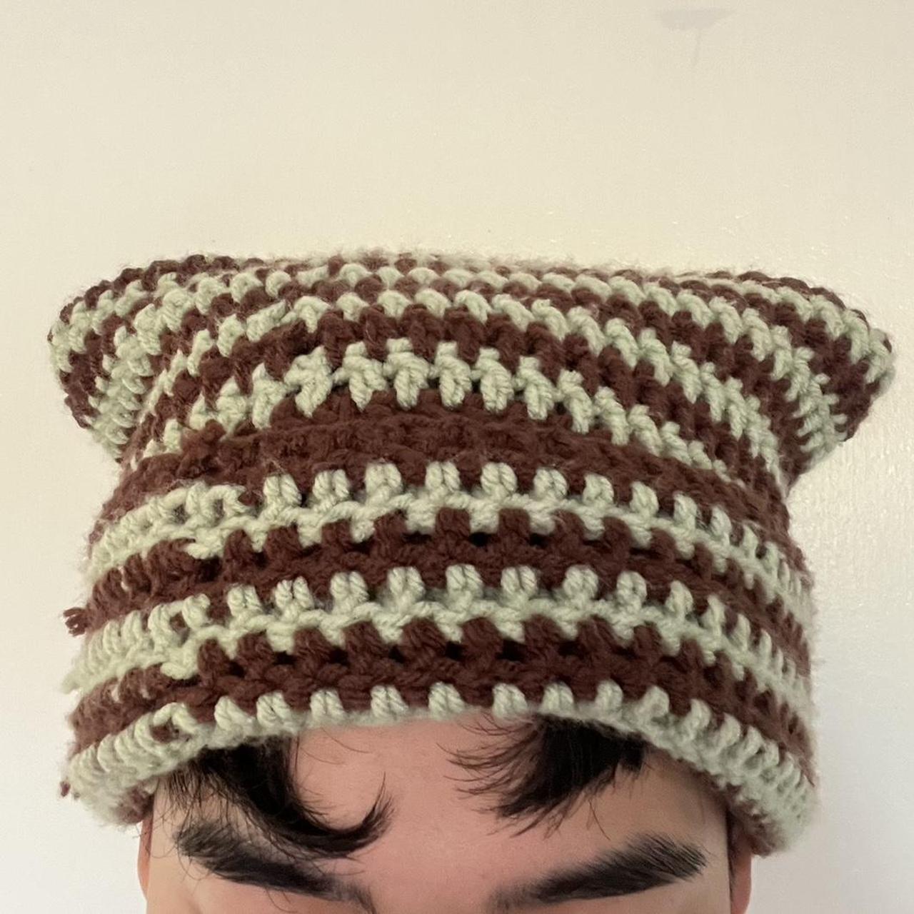 Crochet Striped Cat Beanie fold up/down to adjust... - Depop