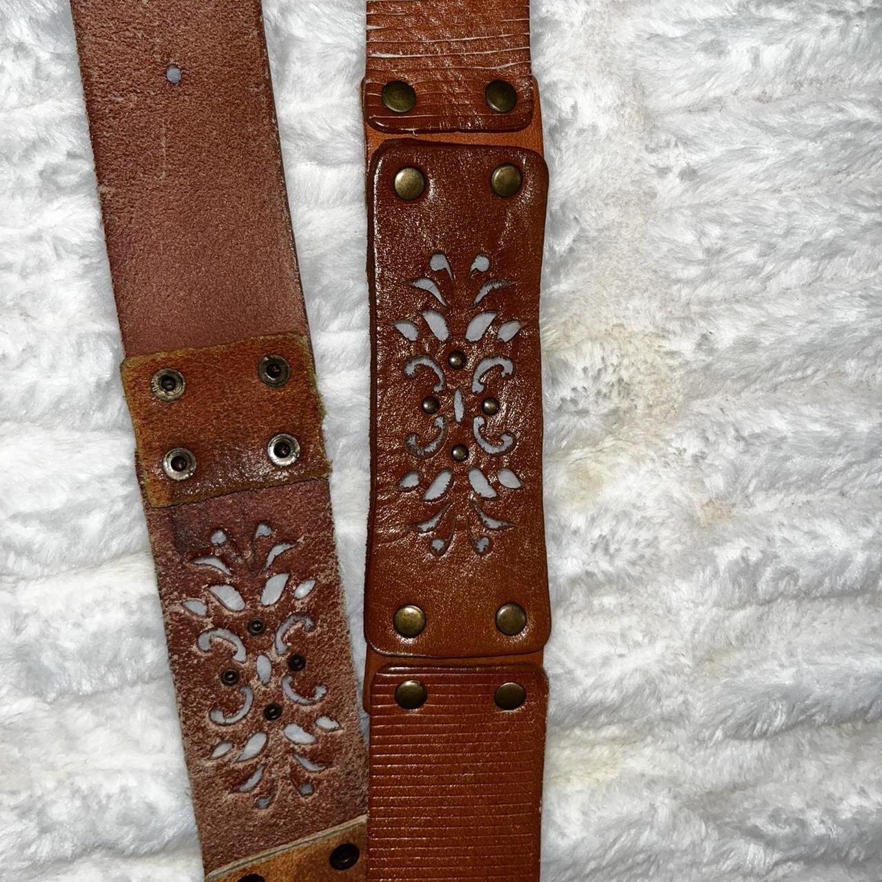 Vintage floral cut out leather belt with brass... - Depop