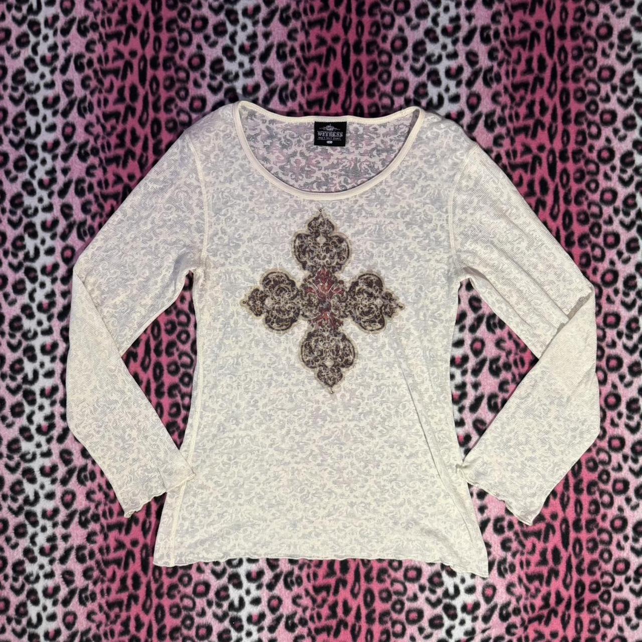 Vintage Witness Sheer Cream Brown / Red Rhinestone... | Depop