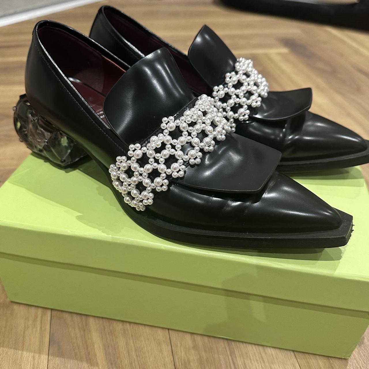 Black Pointed Loafers with crystal heels. Size: UK5 - Depop