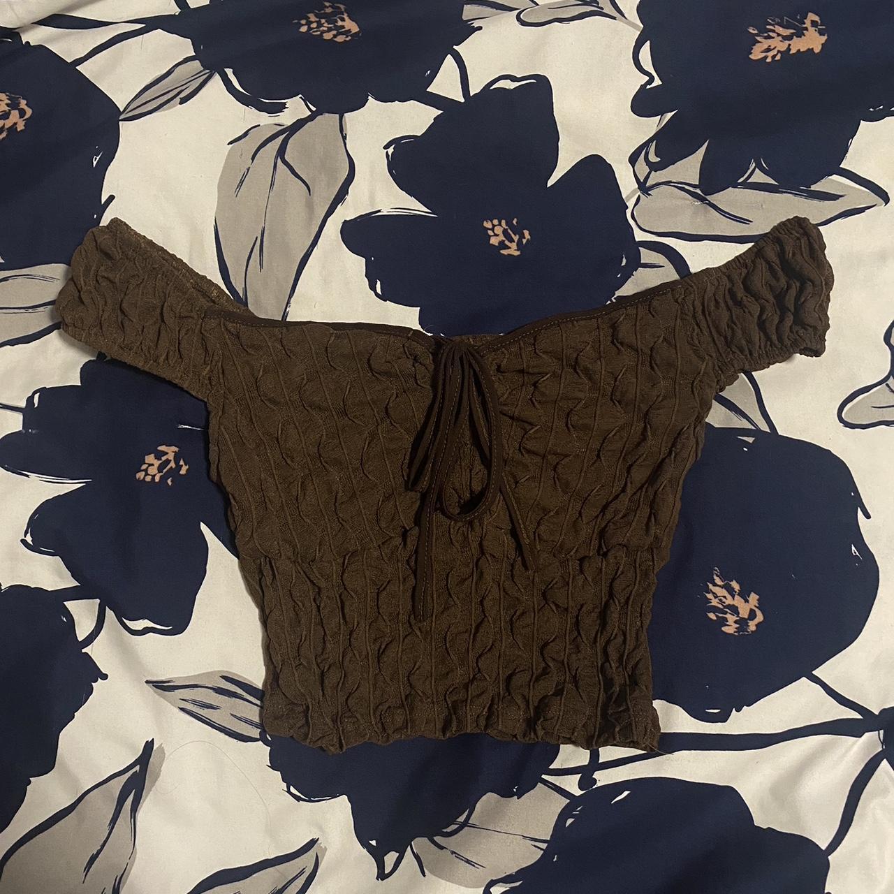 See through brown ruched crop top with a tie in the... - Depop
