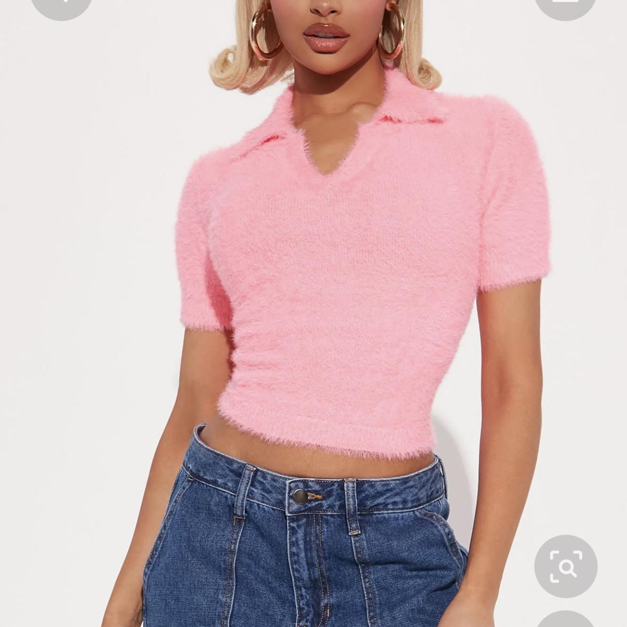 Pink fuzzy collard crop top from FashionNova Size... - Depop
