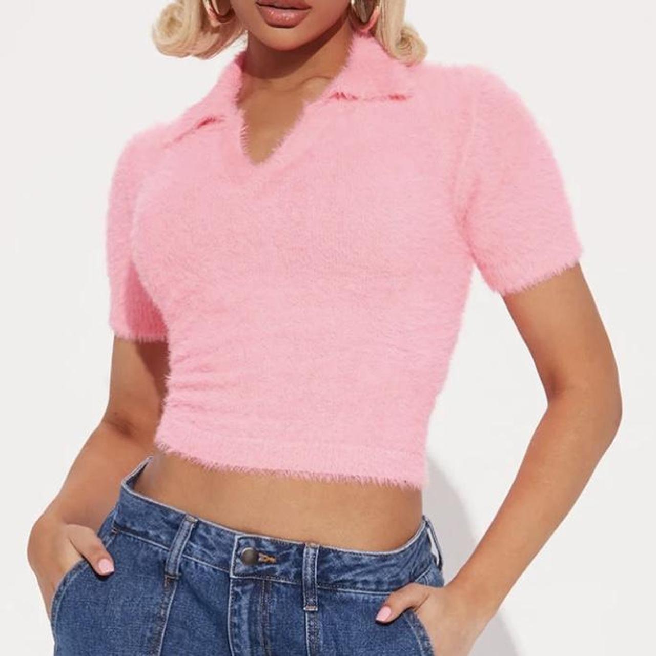 Pink fuzzy collard crop top from FashionNova Size... - Depop