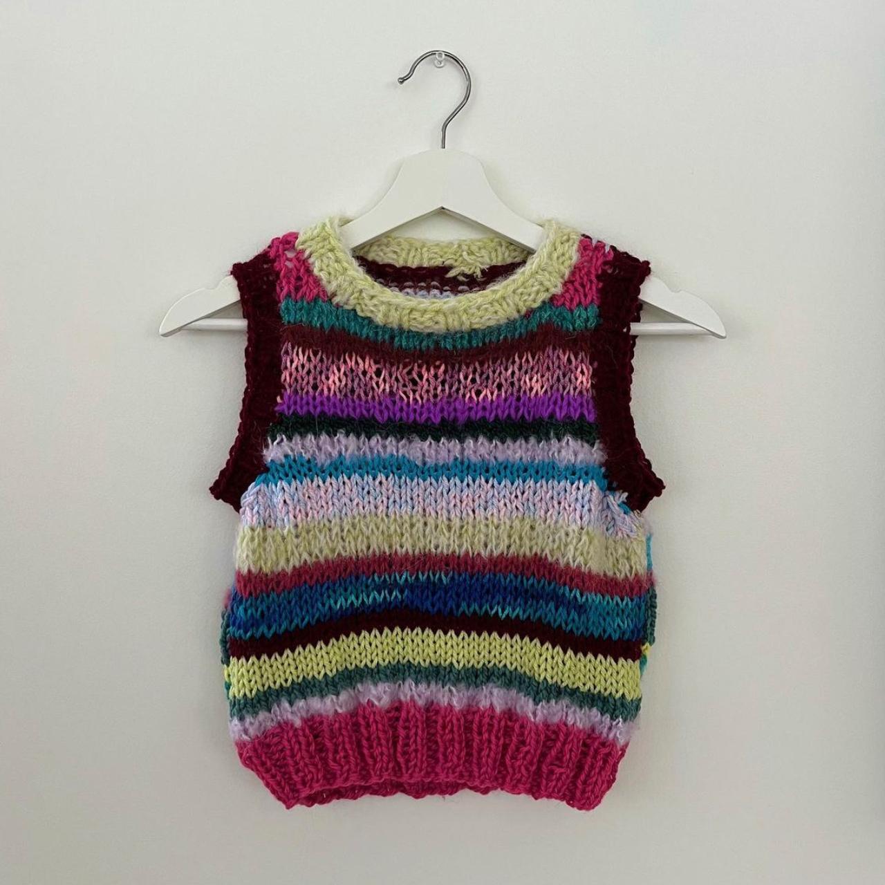 handmade knit rainbow multi color stripe sweater... - Depop