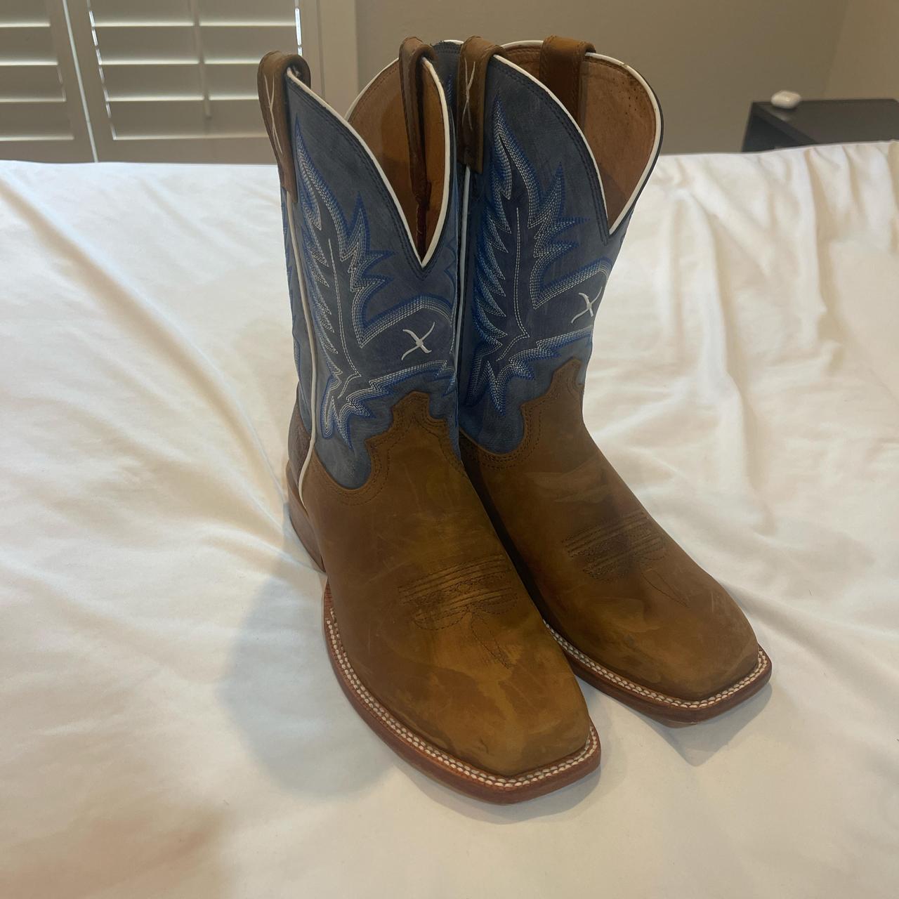 Brown and blue X-Tech square toe cowboy boots... | Depop
