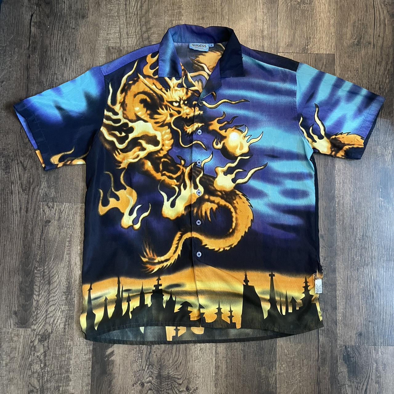 Super Cool Dragon Button Up (small tear on the side... - Depop