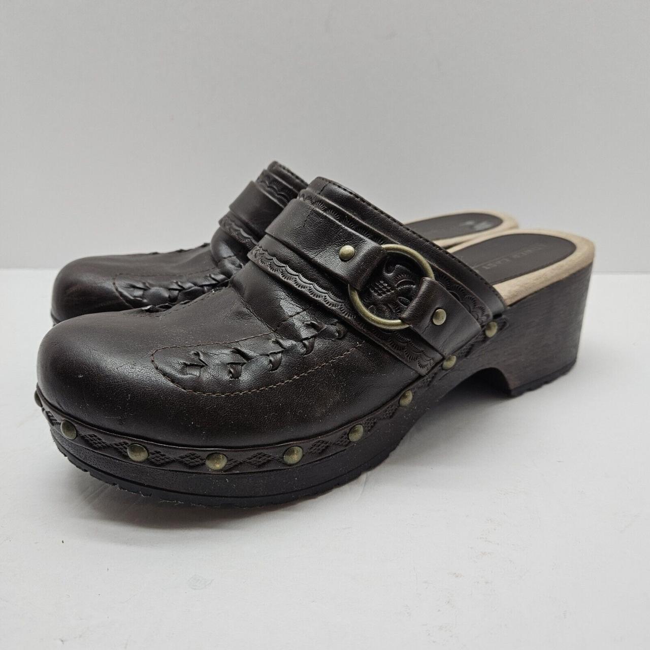 Vintage Lower East Side 90s Brown Chunky Heel Clogs... - Depop