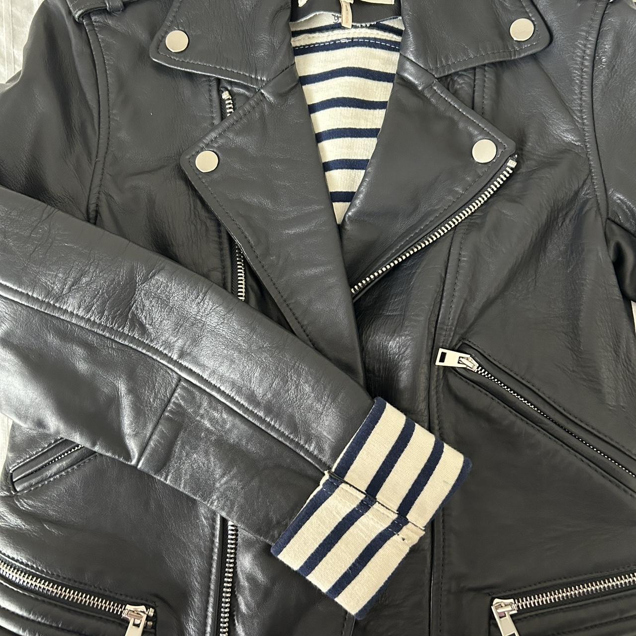 maje brand navy leather jacket with zipper... - Depop