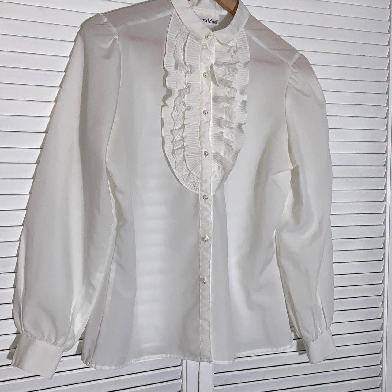 Vintage White Victorian Ruffle Button Down Blouse... - Depop