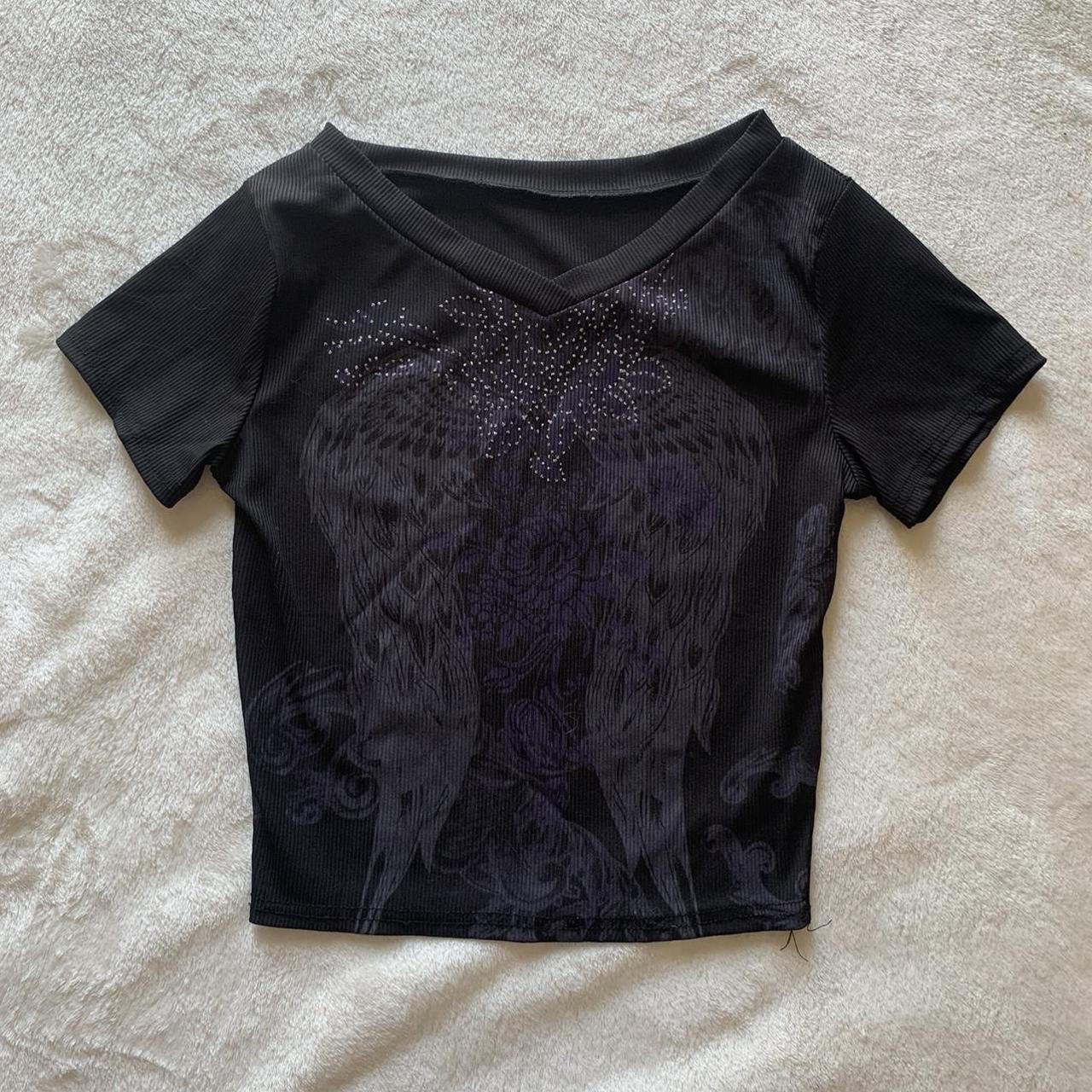 floral print rhinestone y2k v-neck shirt - Depop