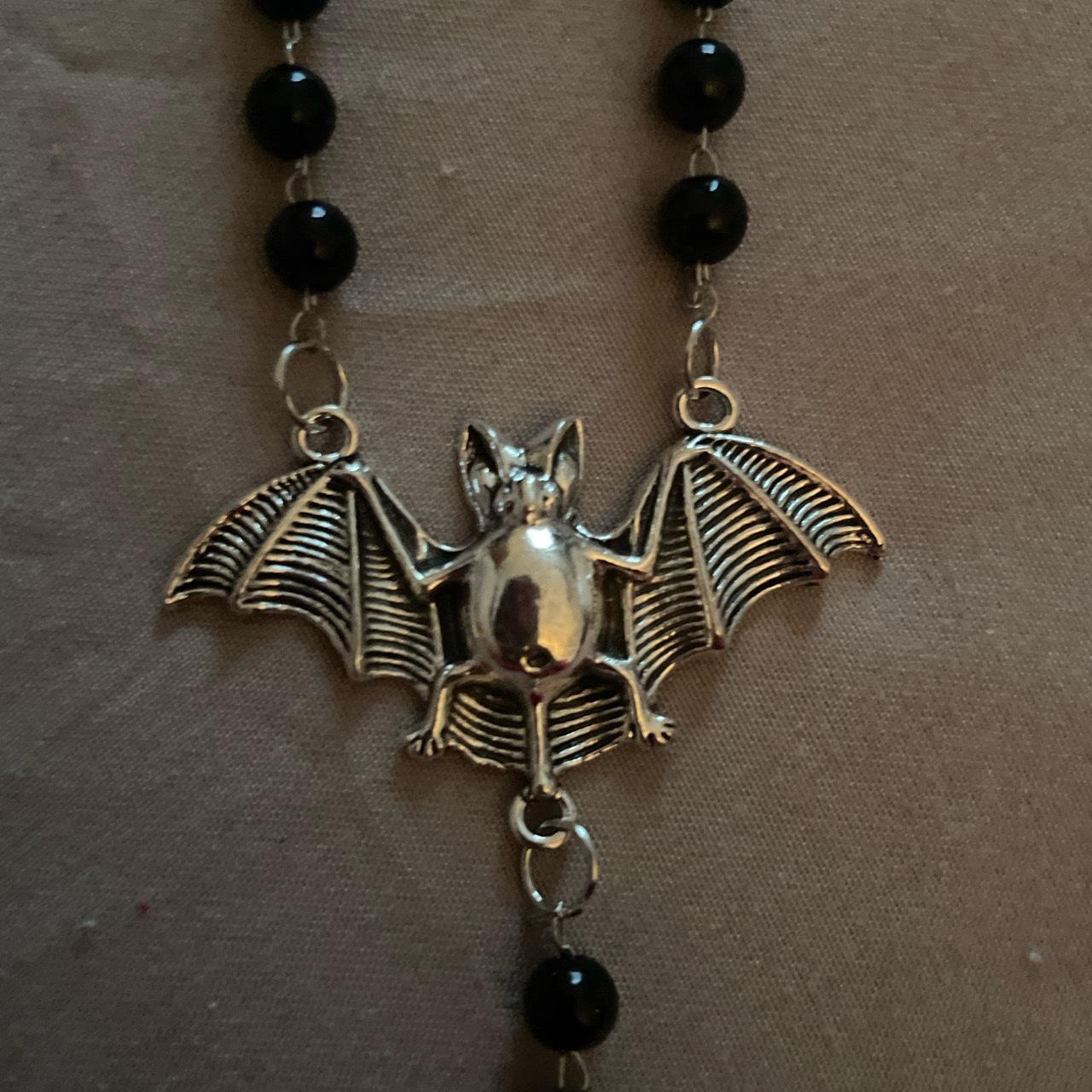 BAT NECKLACE • black beaded chain •longer... - Depop