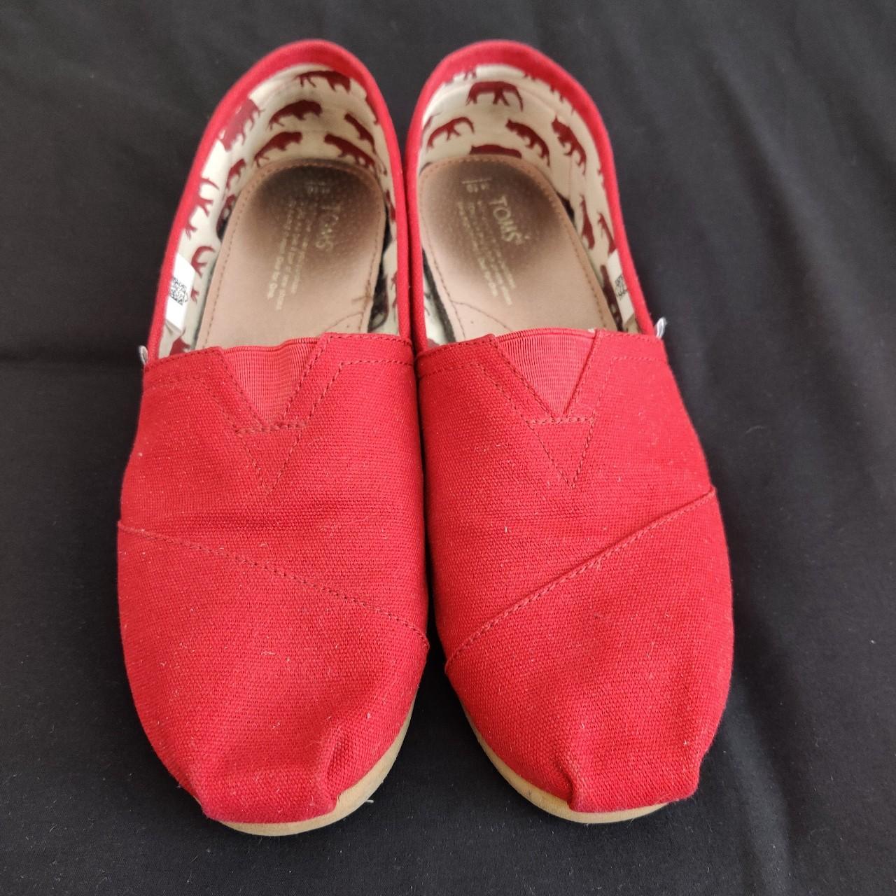 TOMS Men's Classic Canvas Slip-On shoes in red, worn... - Depop