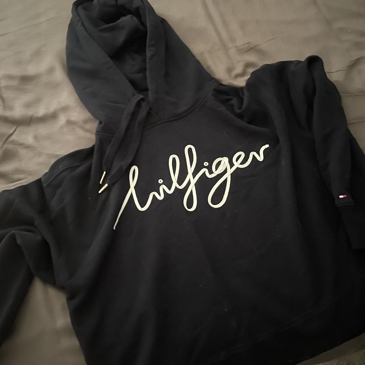 Tommy Hilfiger black cursive writing hoodie There’s... - Depop