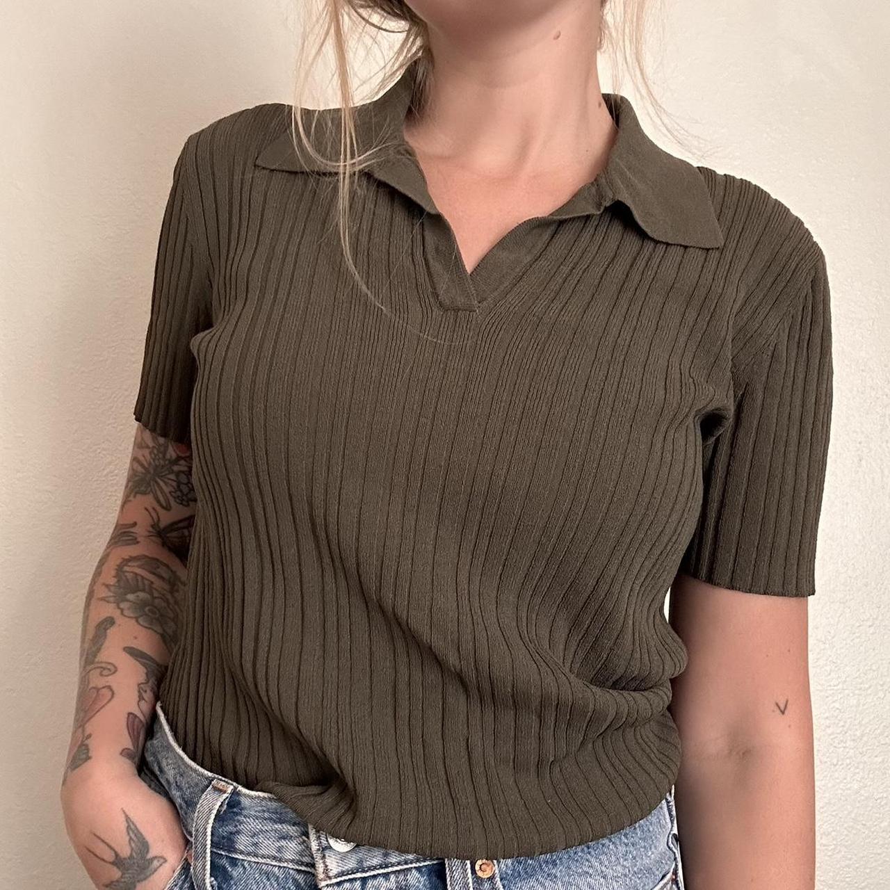 Vintage Olive Collared Top Size S tagged Stretchy... - Depop